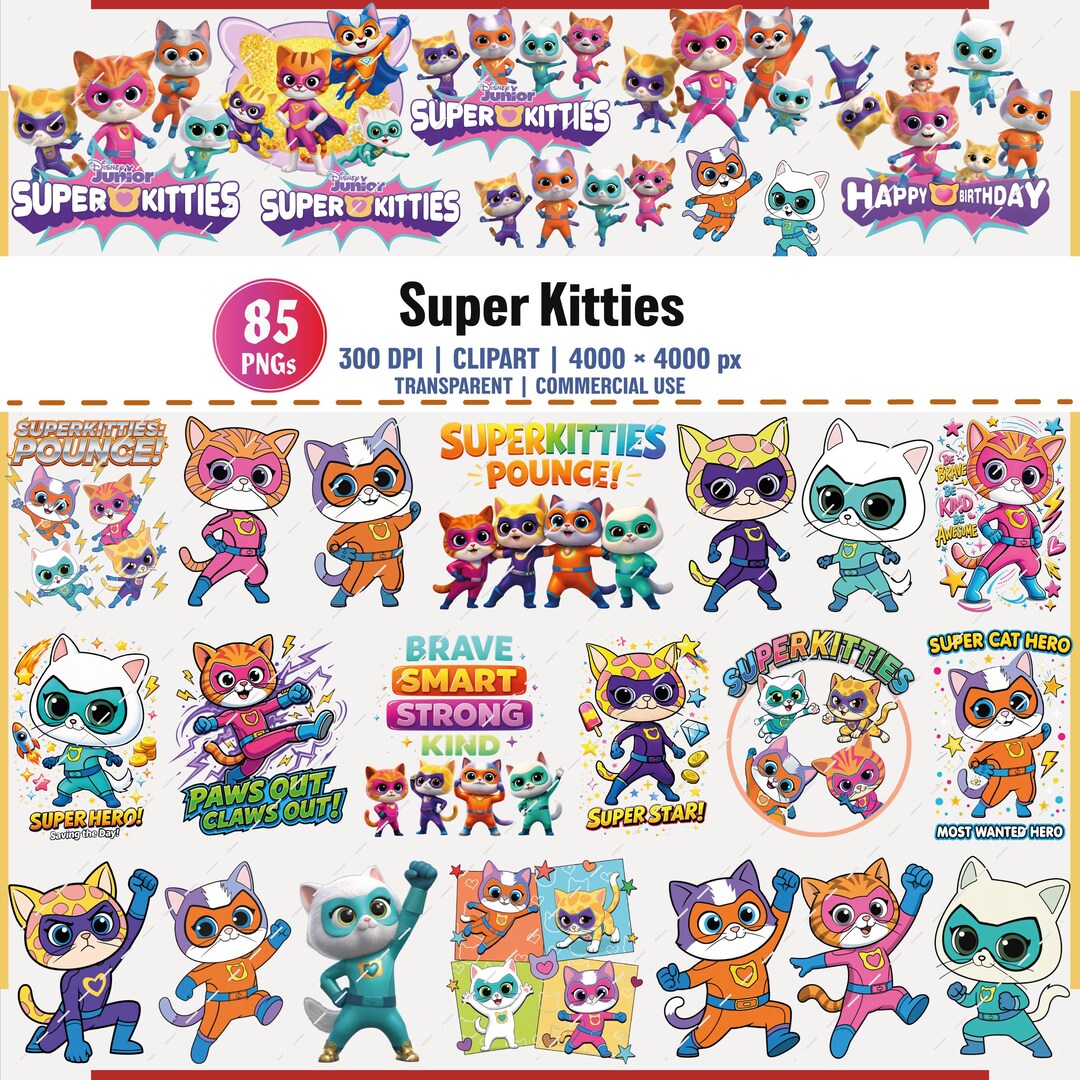Super Kitties PNG Clipart Bundle Birthday Hero Cat Characters - Etsy