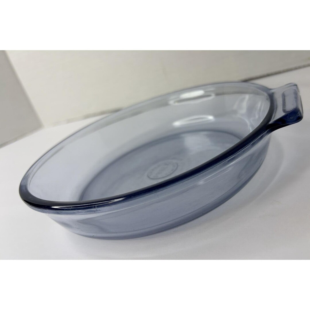 Vtg PYREX Blue Glass Pie Plate 7" Round Handled Baking Dish USA Flame ...