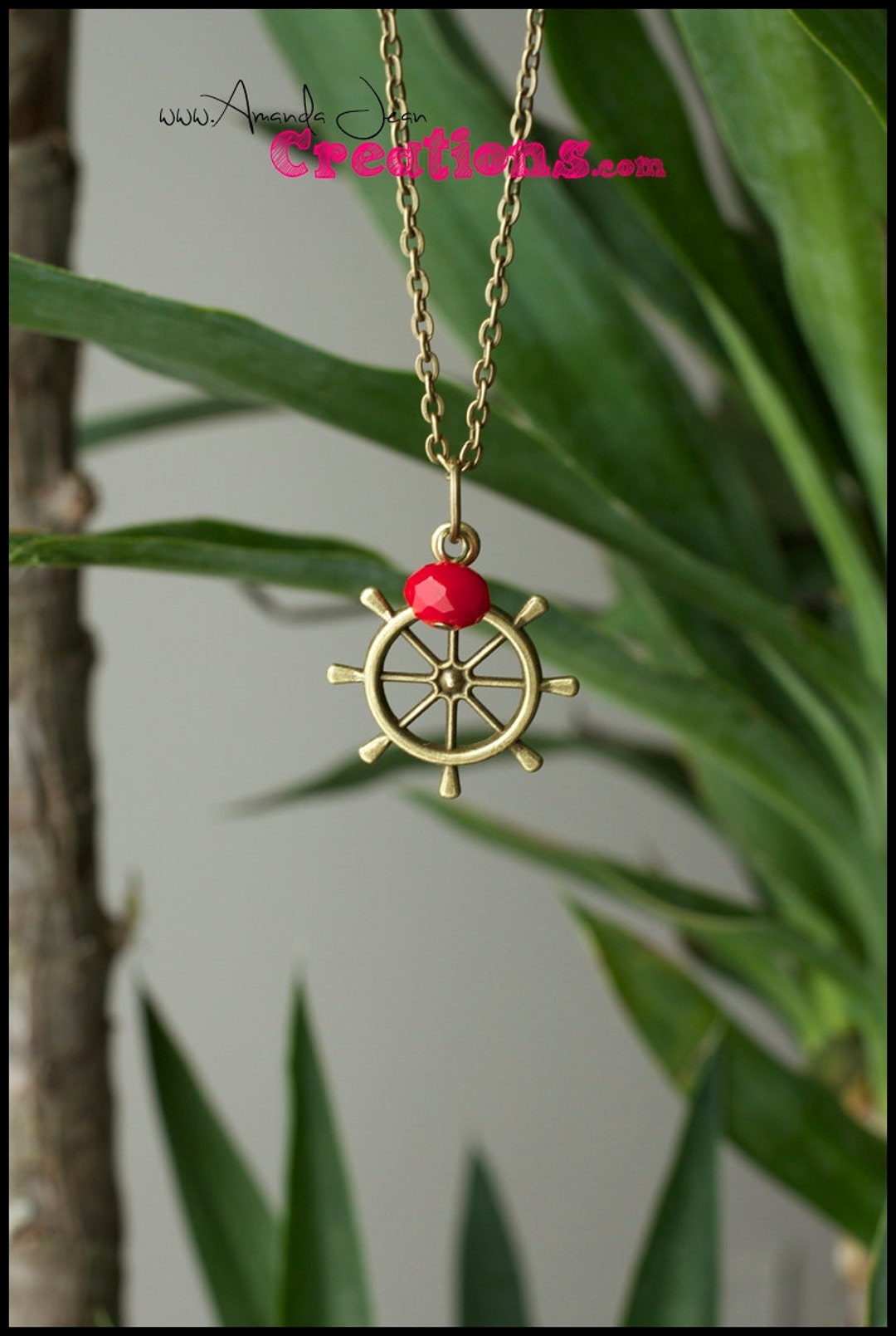 Nautical Ship Wheel Necklace Antique Brass With Red Faceted Bead - Etsy