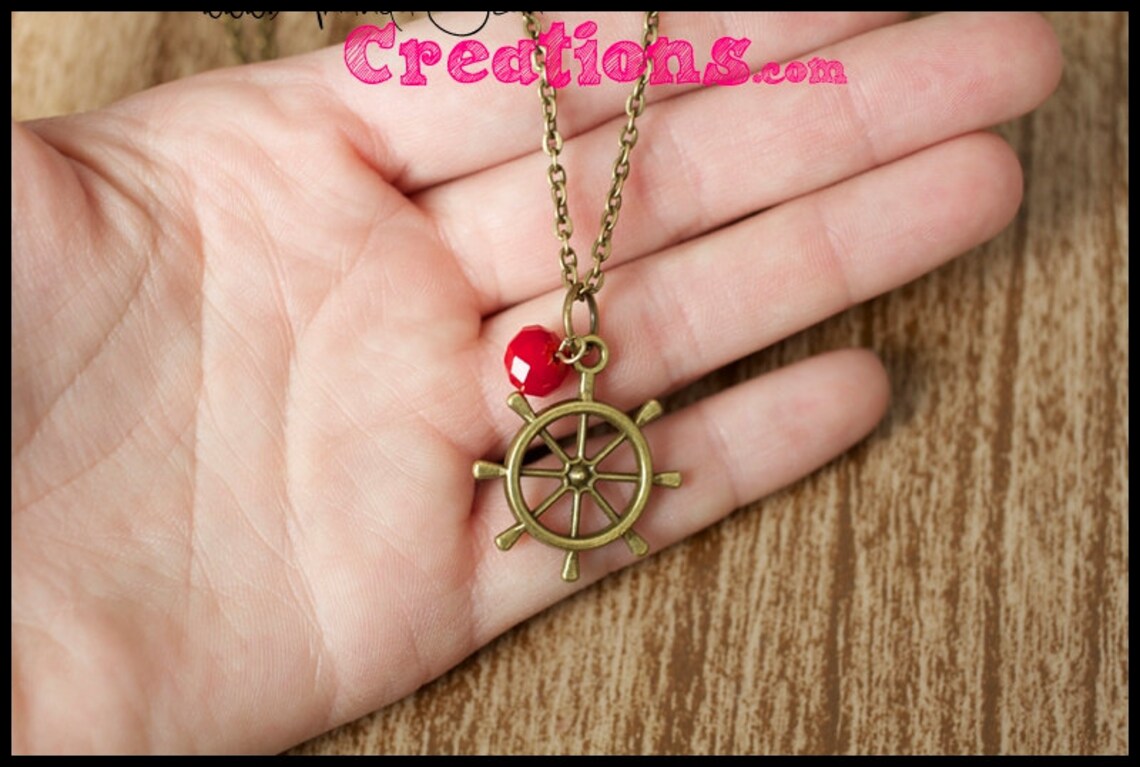 Nautical Ship Wheel Necklace Antique Brass With Red - Etsy