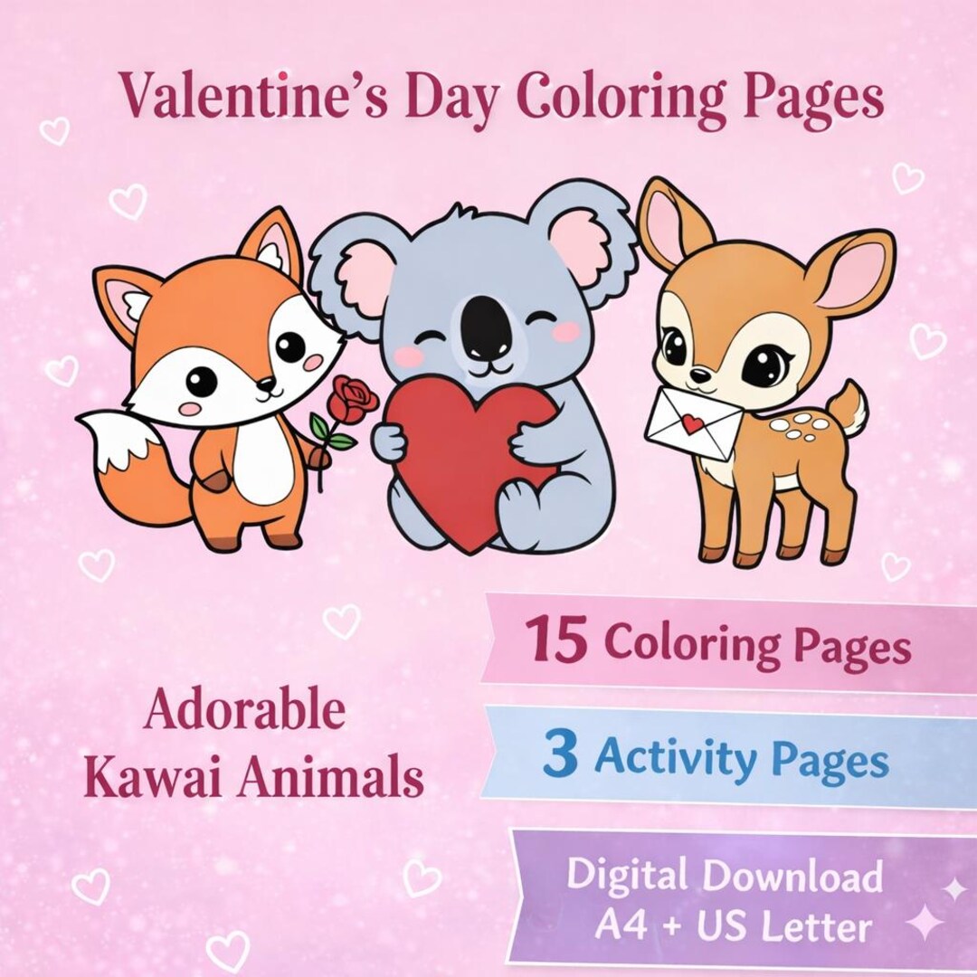 Valentine Animals Coloring Pages + Activity Pack | Cute Kawaii ...