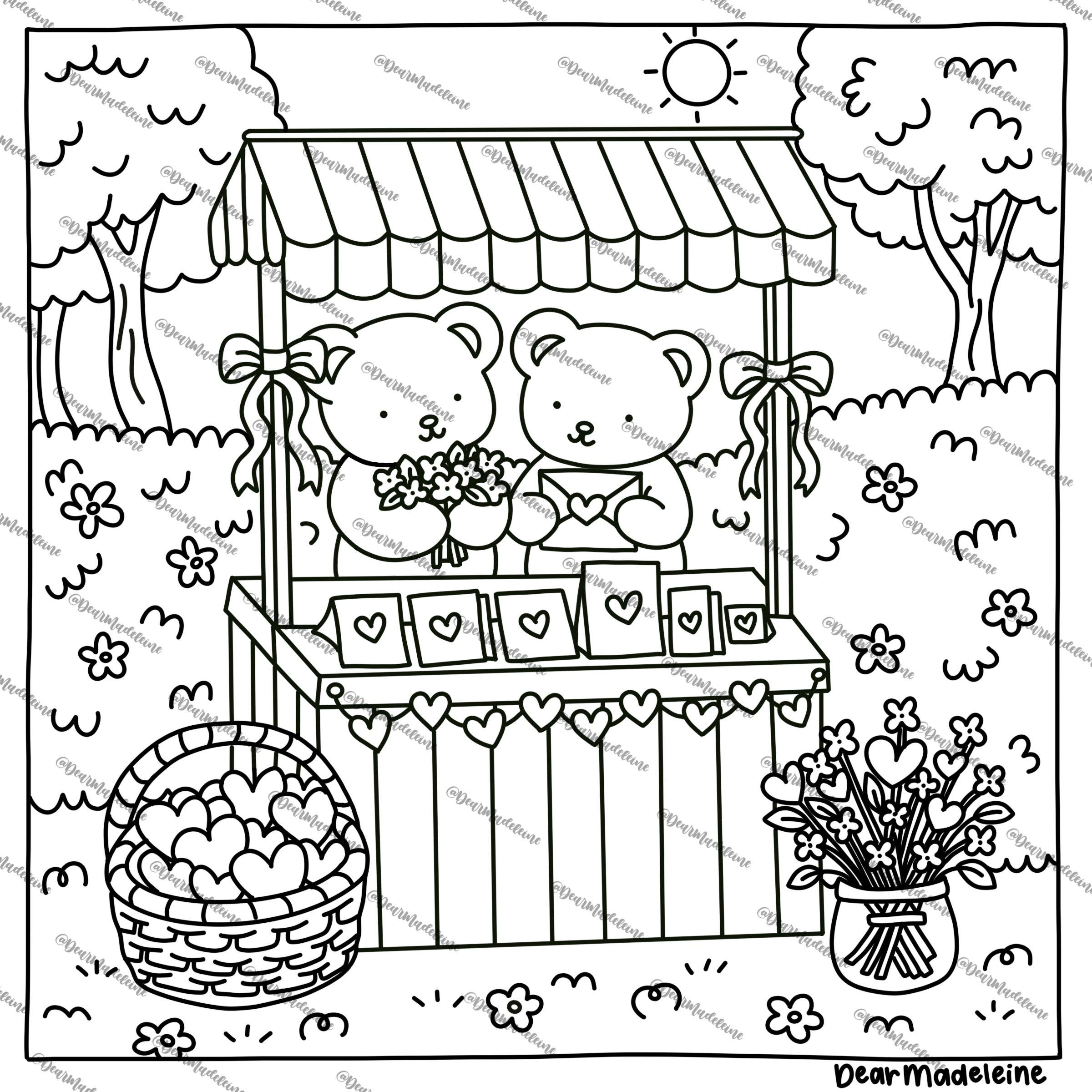 Valentine's Day Cute Coloring Page, Kawaii Bears Aesthetic Printable ...
