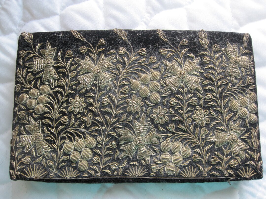 Vintage Black Velvet With Gold Metallic Thread/wire Design Clutch, Made ...