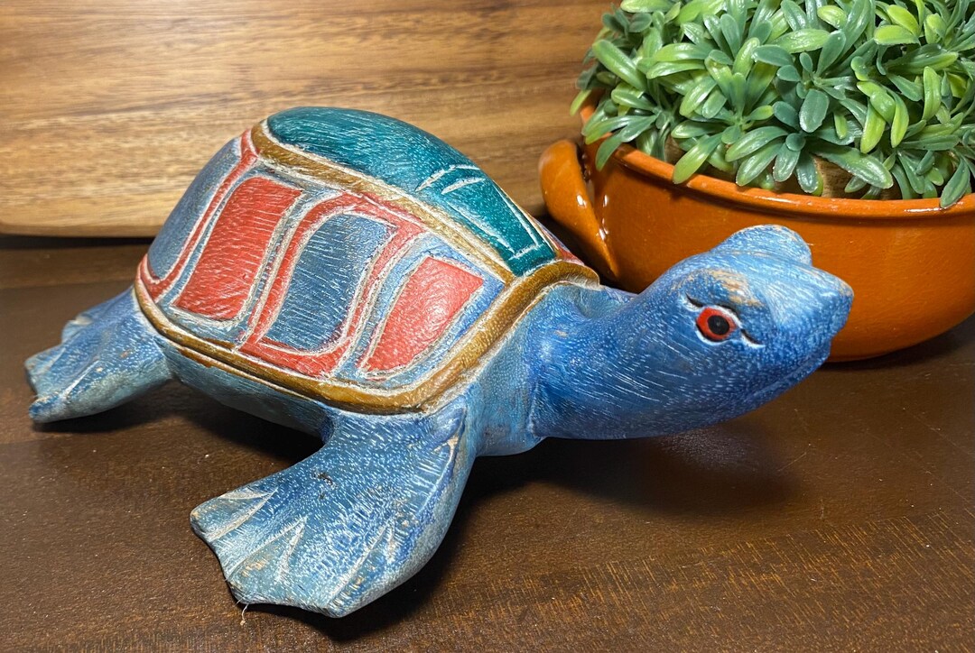 Hand-painted Oaxacan Wood Turtle – Large 8" Alebrije Folk Art, Blue ...