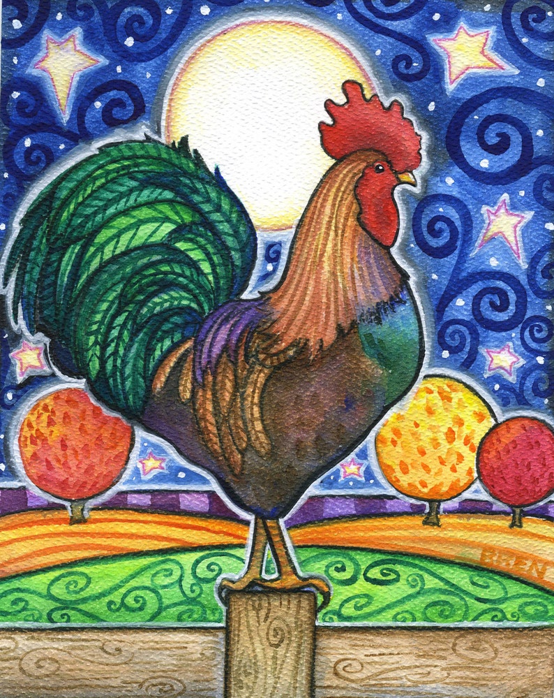 Rooster - 8x10 Colorful Rooster Moon Star Print - Etsy