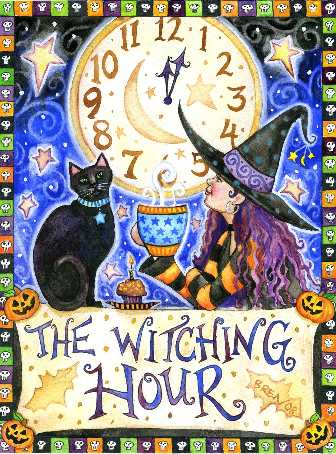 The Witching Hour - 5x6.75 Print - by Brenna White - Witch Black Cat ...