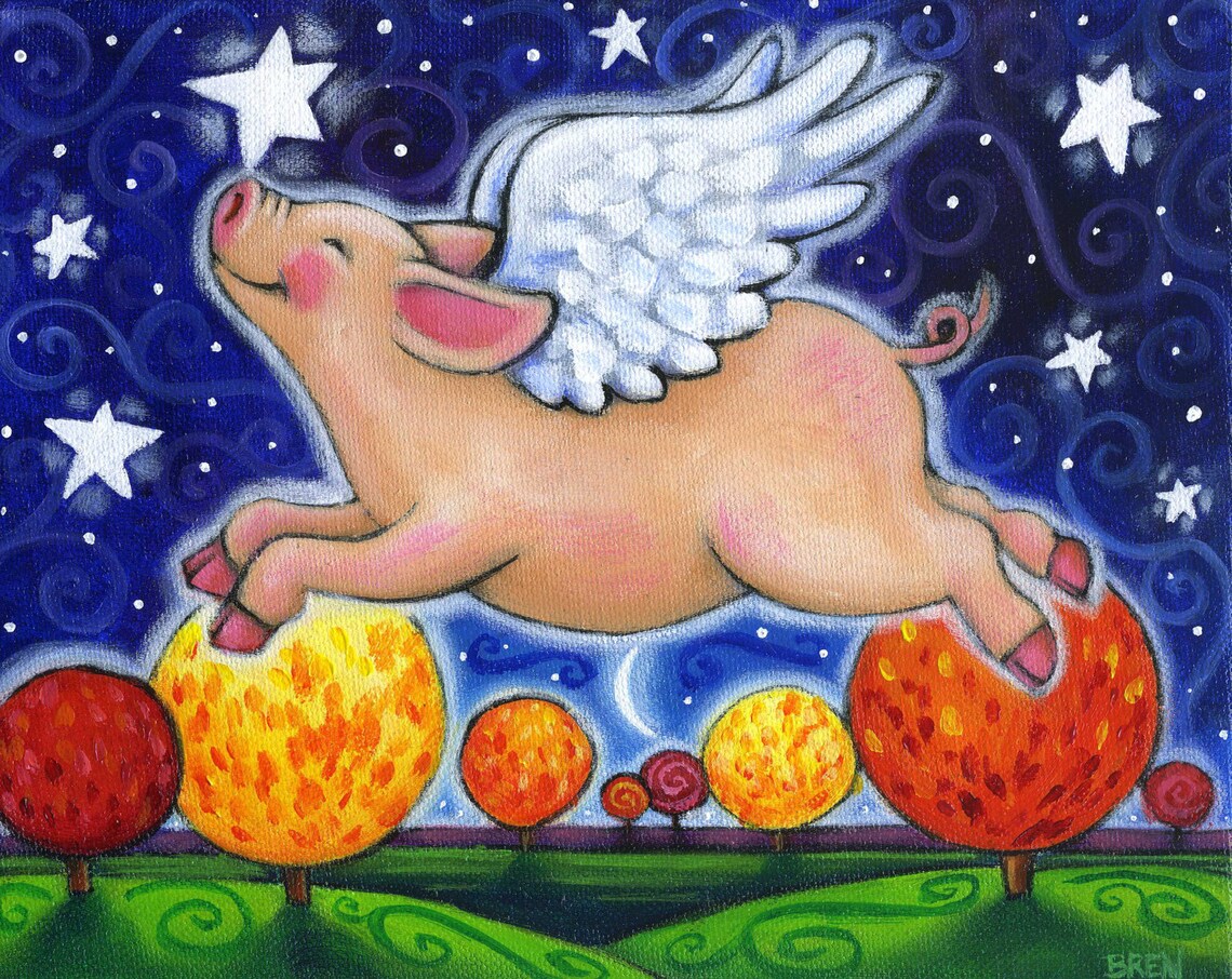 Fall Pig - Colorful Whimsical Autumn Fall Flying Pig PRINT by Brenna ...