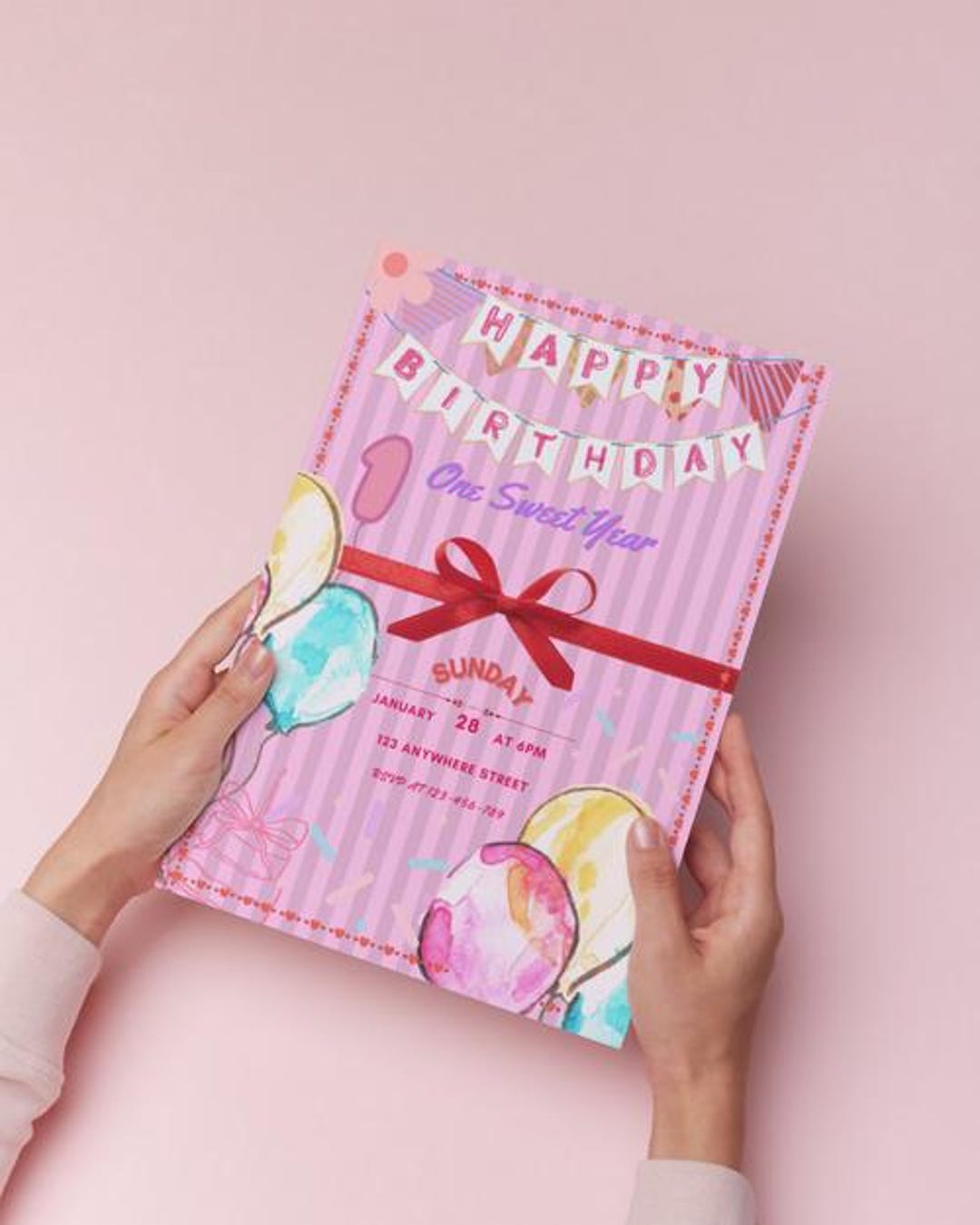 One Sweet Year Pink Balloon Birthday Invitation - Etsy