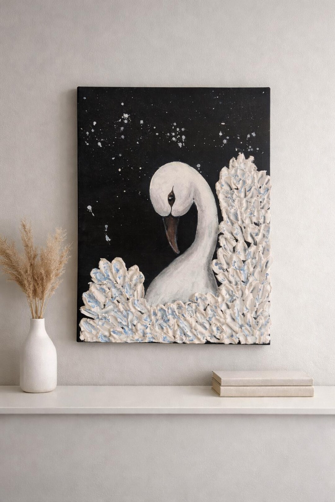 Textured Swan Acrylic Painting, 3D Impasto Canvas Art, Modern Black ...
