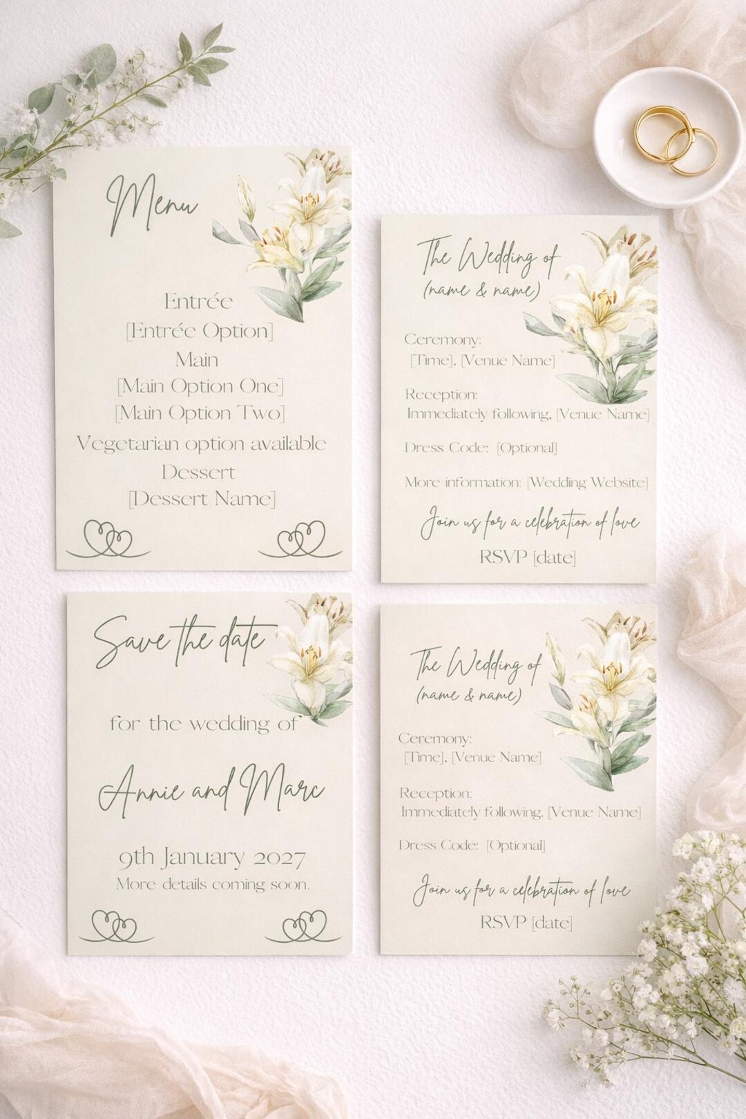 Wedding Invitation + RSVP + Menu Card, Editable "save the Date ...