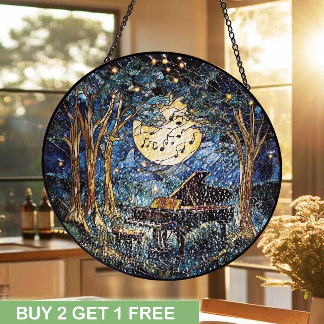 Enchanted Forest Piano Stained Glass Suncatcher, Musical Moonlit Woods ...