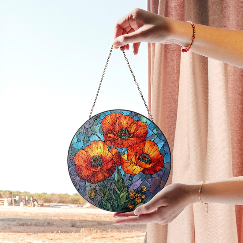 Red Poppy Stained Glass Suncatcher for Mothers Day Gift, Floral Window ...