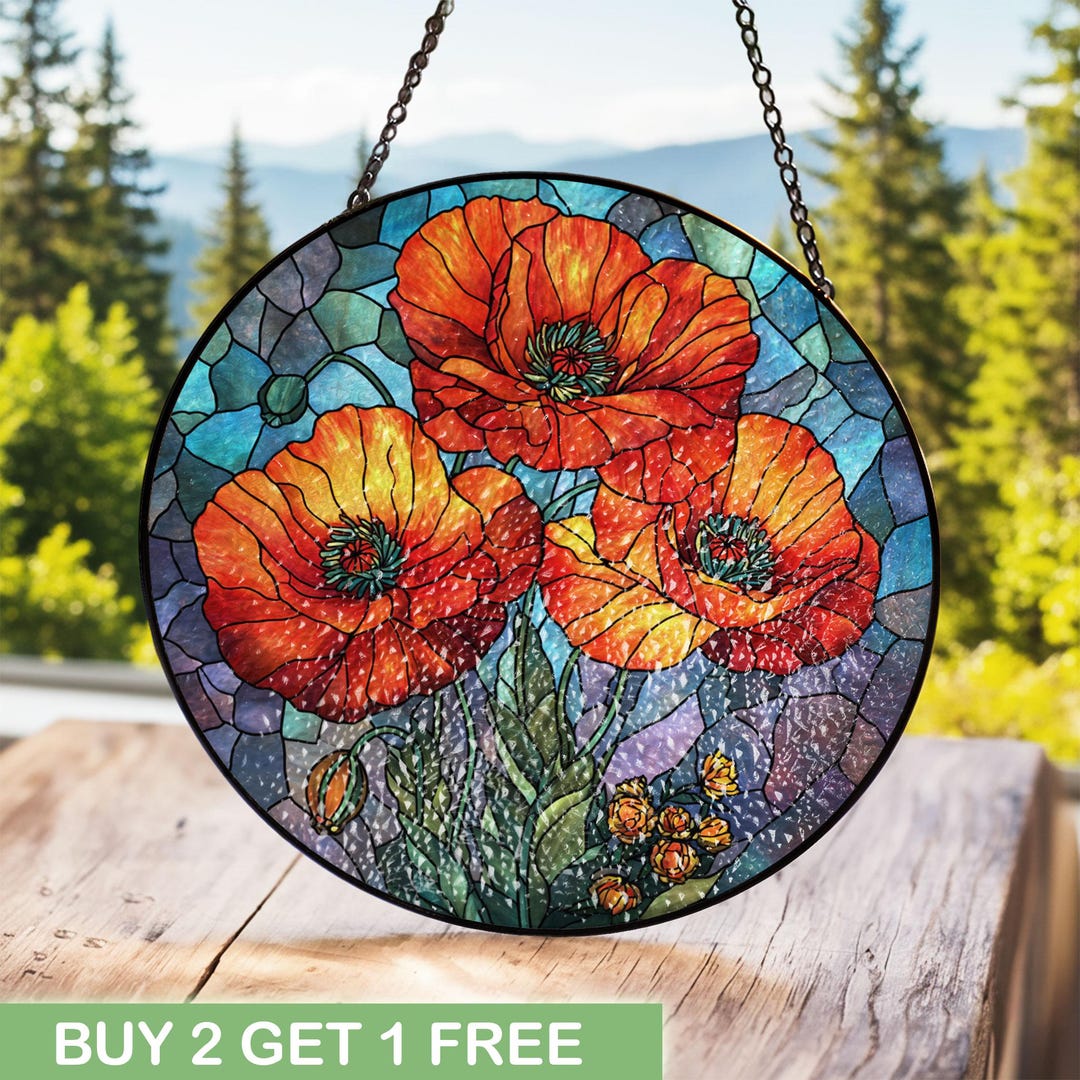 Red Poppy Stained Glass Suncatcher for Mothers Day Gift, Floral Window ...