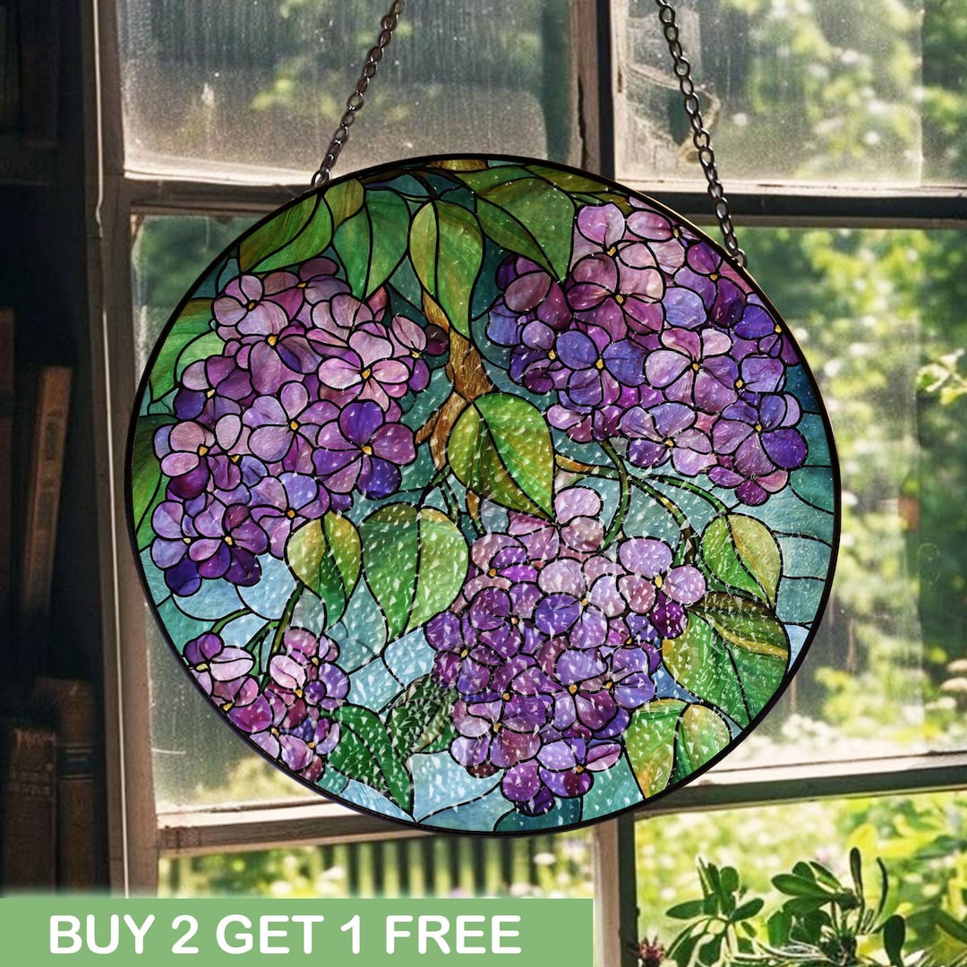 Vibrant Lilac Stained Glass Window Panel, Purple Flower Art Home Decor ...