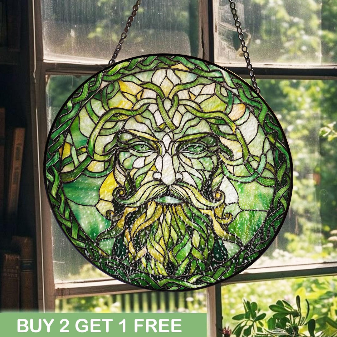 Green Man Stained Glass Art, Celtic Forest Spirit Window Hanging, Pagan ...