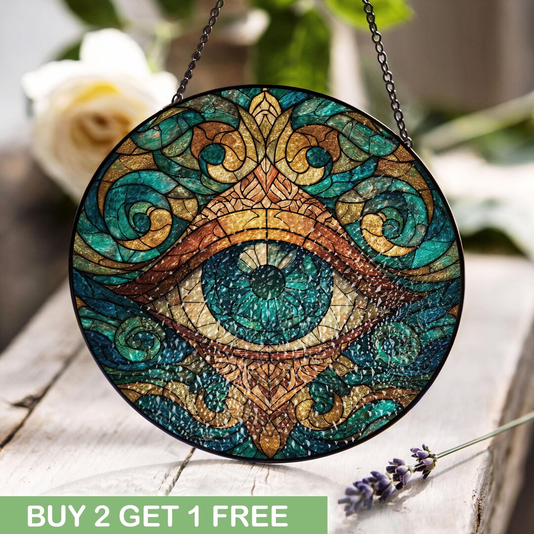 Bohemian Evil Eye Stained Glass Window Hanging, Spiritual Protection ...