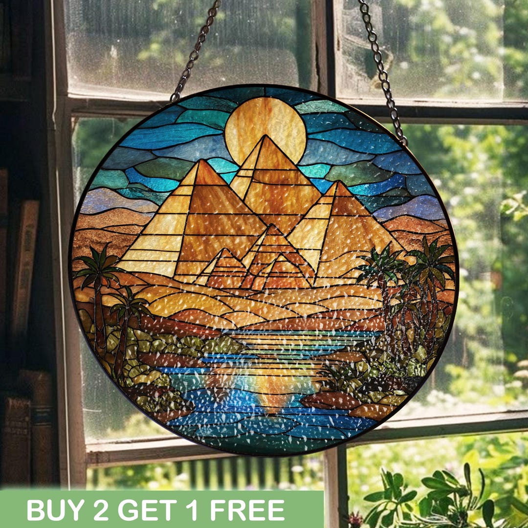 Egyptian Pyramids Stained Glass Suncatcher, Desert Landscape Window Art ...