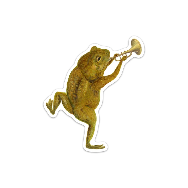 Whimsical Frog Vinyl Sticker - Dancing Toad With Trumpet by Jahna ...