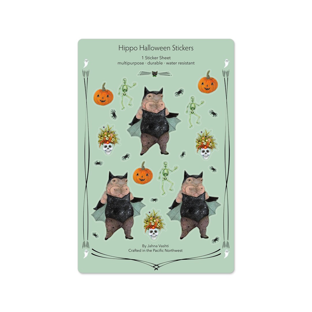Halloween Hippo Sticker Sheet – Cute Spooky Hippo & Pumpkin Stickers ...
