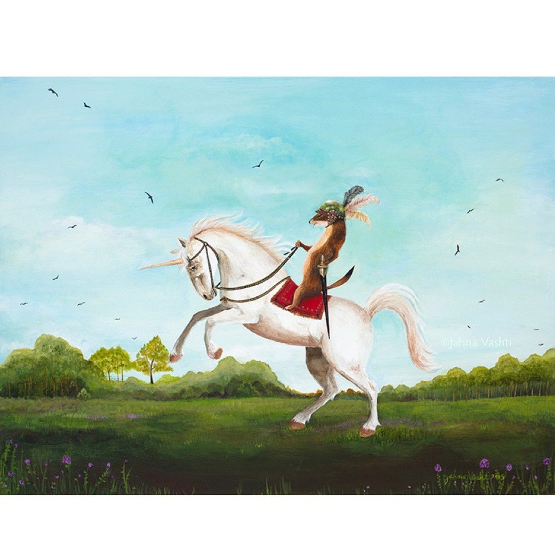 Knight Weasel Riding Unicorn Art Print, Whimsical Medieval Fantasy ...