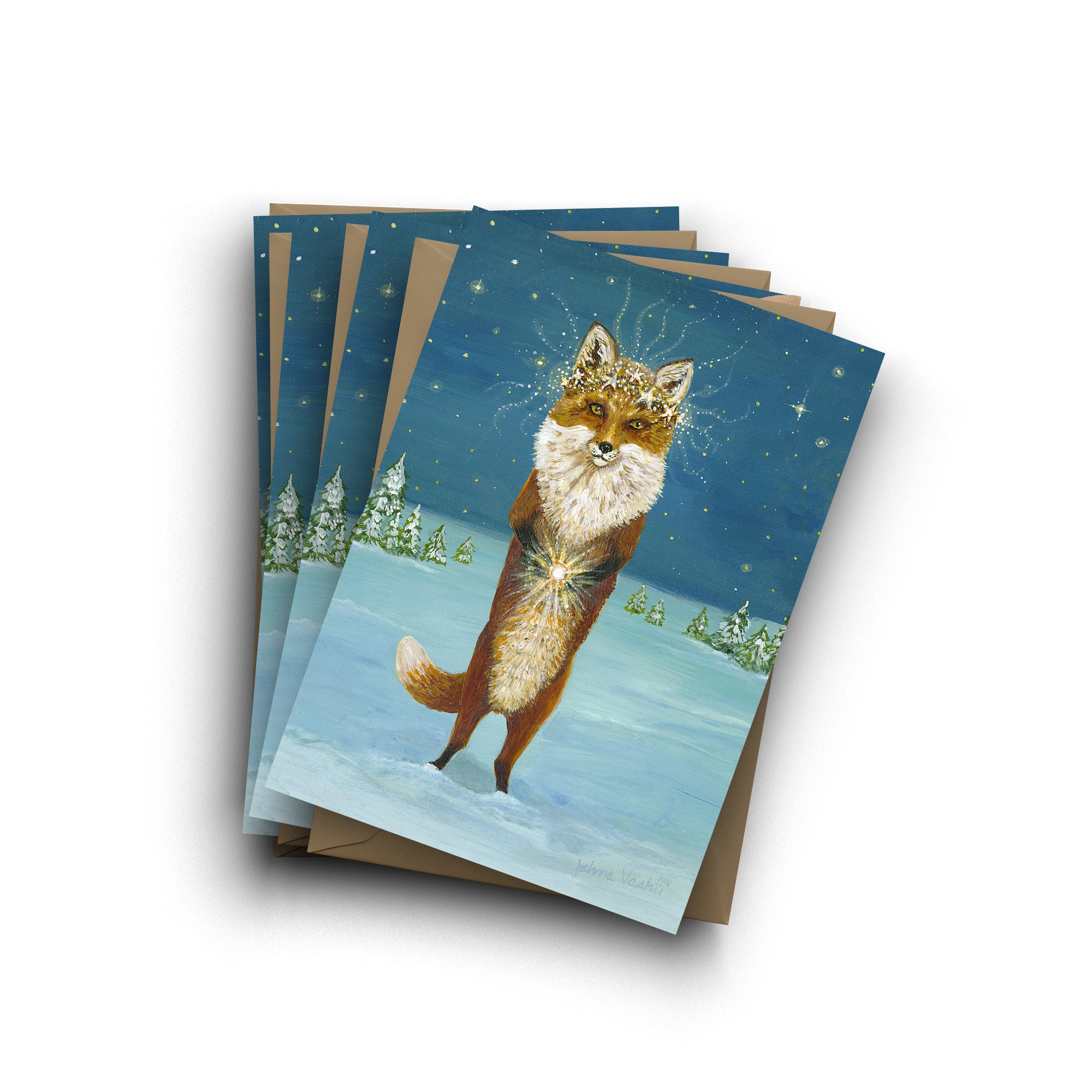 Starry Night Fox Cards Set - Whimsical Winter Animal Cards by Jahna ...