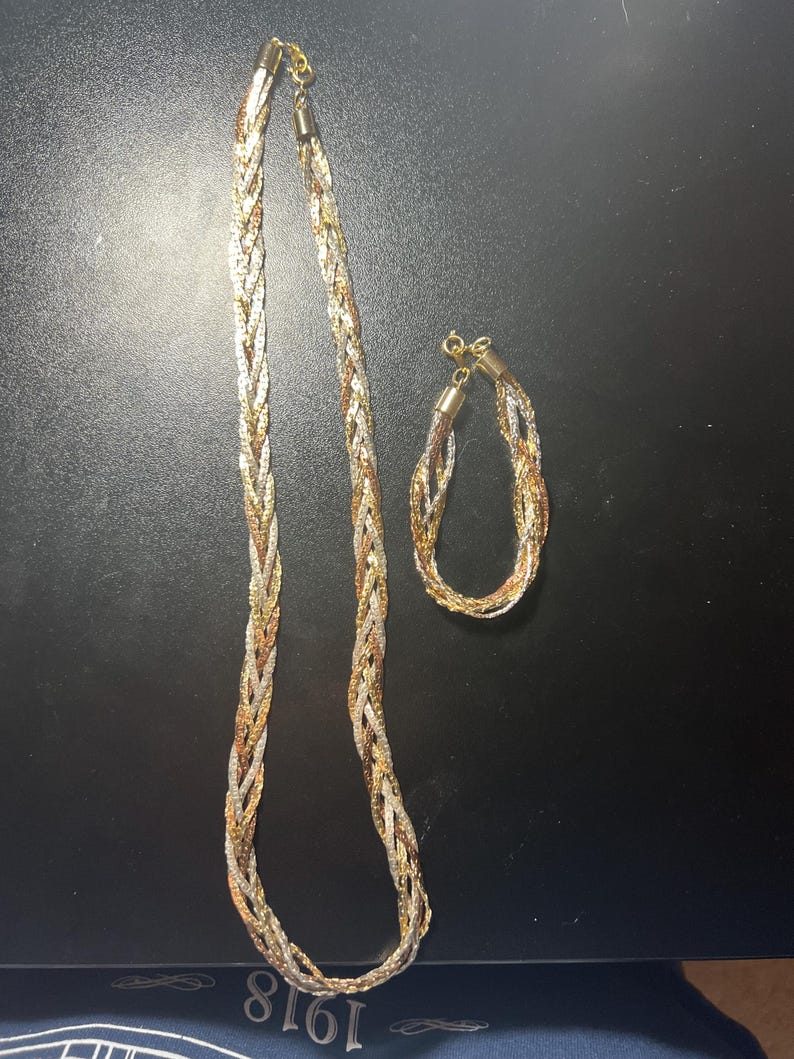 Vintage Tri-color Braided Herringbone Necklace and Bracelet Set - Etsy