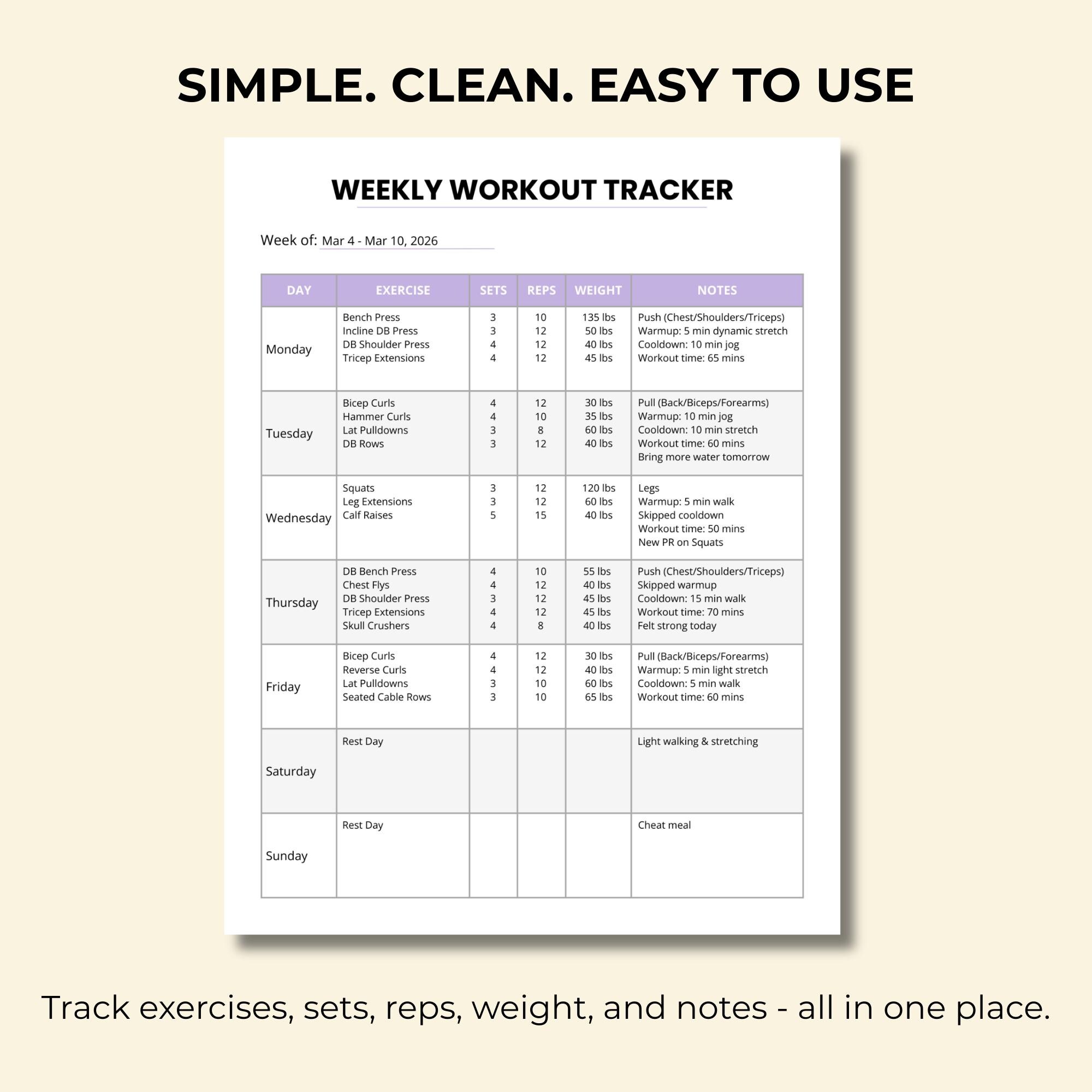 Weekly Workout Tracker Printable (soft Colors) | Exercise Log | Fitness ...