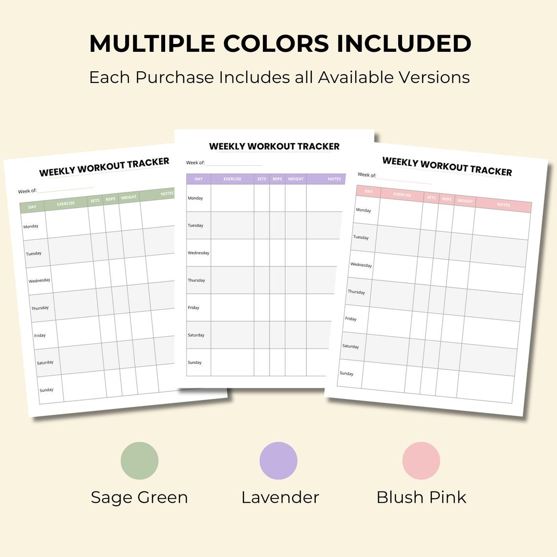 Weekly Workout Tracker Printable (soft Colors) | Exercise Log | Fitness ...