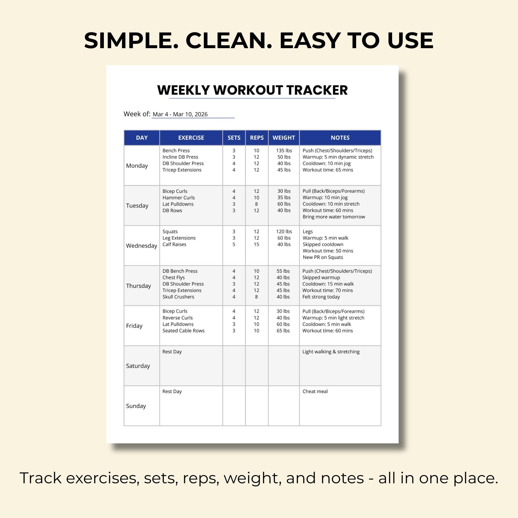 Weekly Workout Tracker Printable | Exercise Log | Fitness Planner | Gym ...