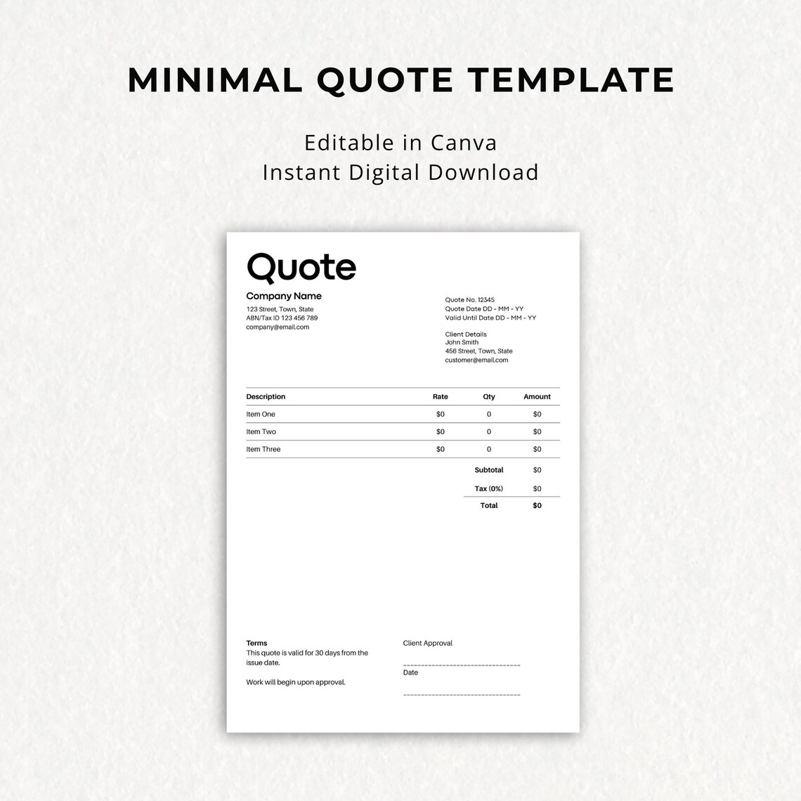 Minimalist Quote Template Canva, Editable & Printable Business Estimate ...