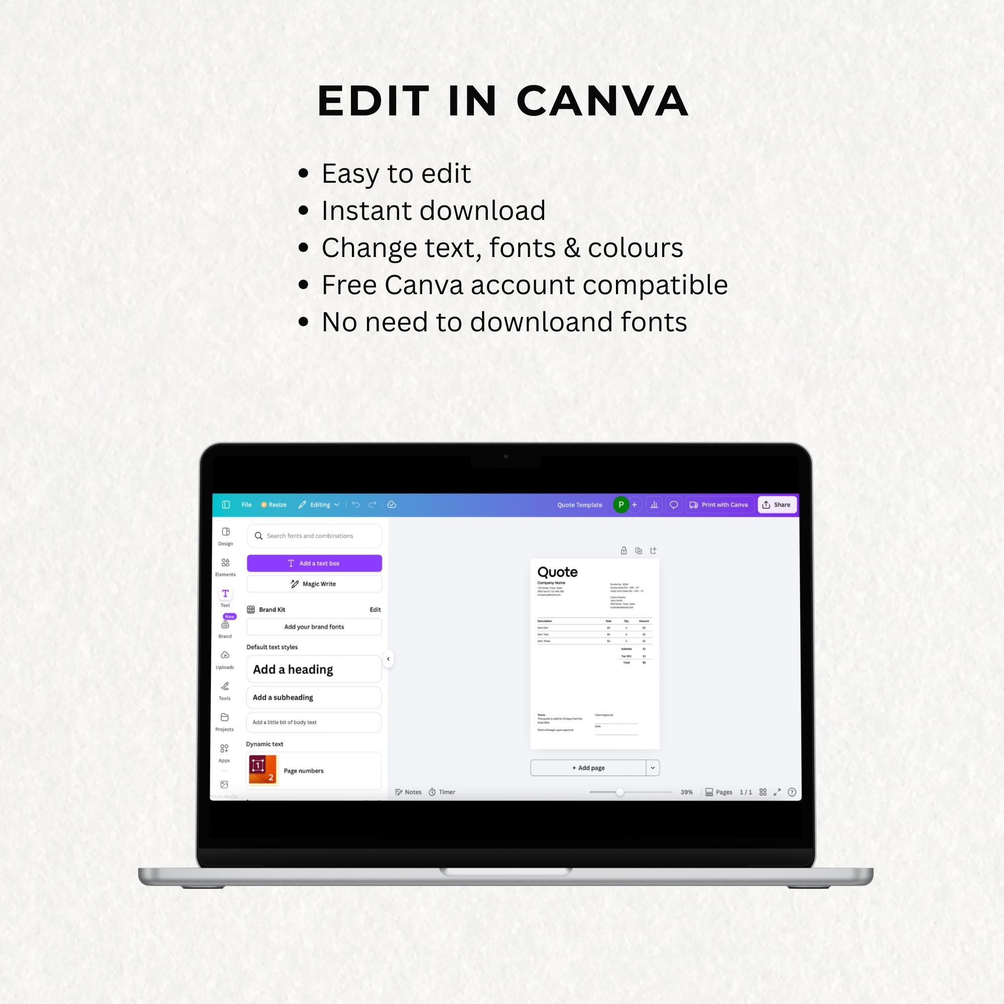 Minimalist Quote Template Canva, Editable & Printable Business Estimate ...