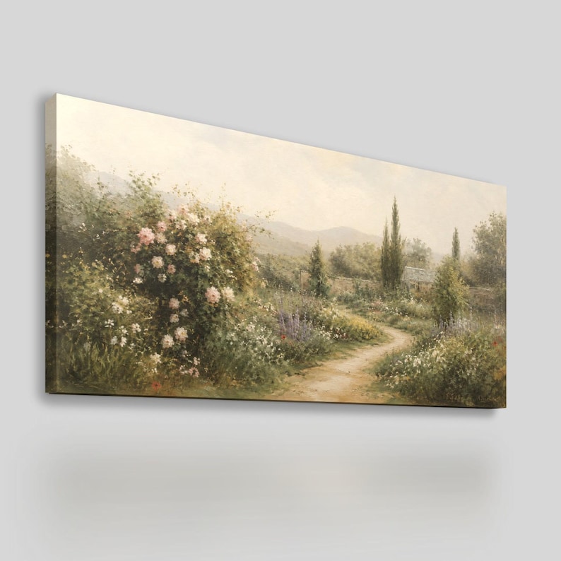Vintage Garden Landscape Canvas Print, Cottagecore Floral Path Wall Art ...