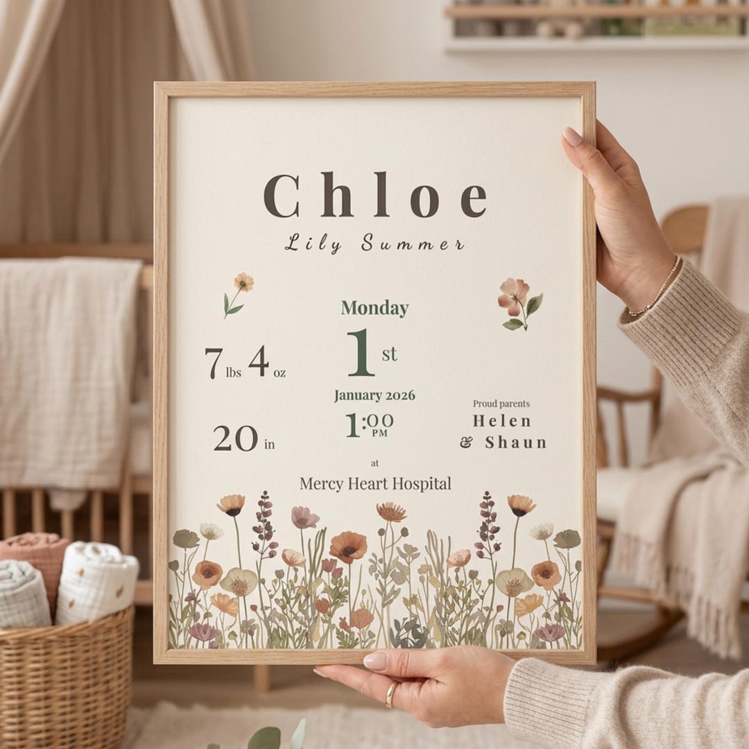 Personalisable Baby Birth Stats Poster | Meadow Wildflower Spring ...