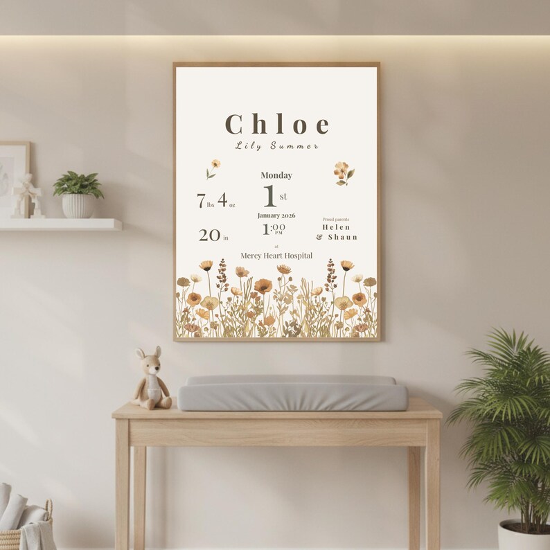 Personalisable Baby Birth Stats Poster | Meadow Wildflower Spring ...