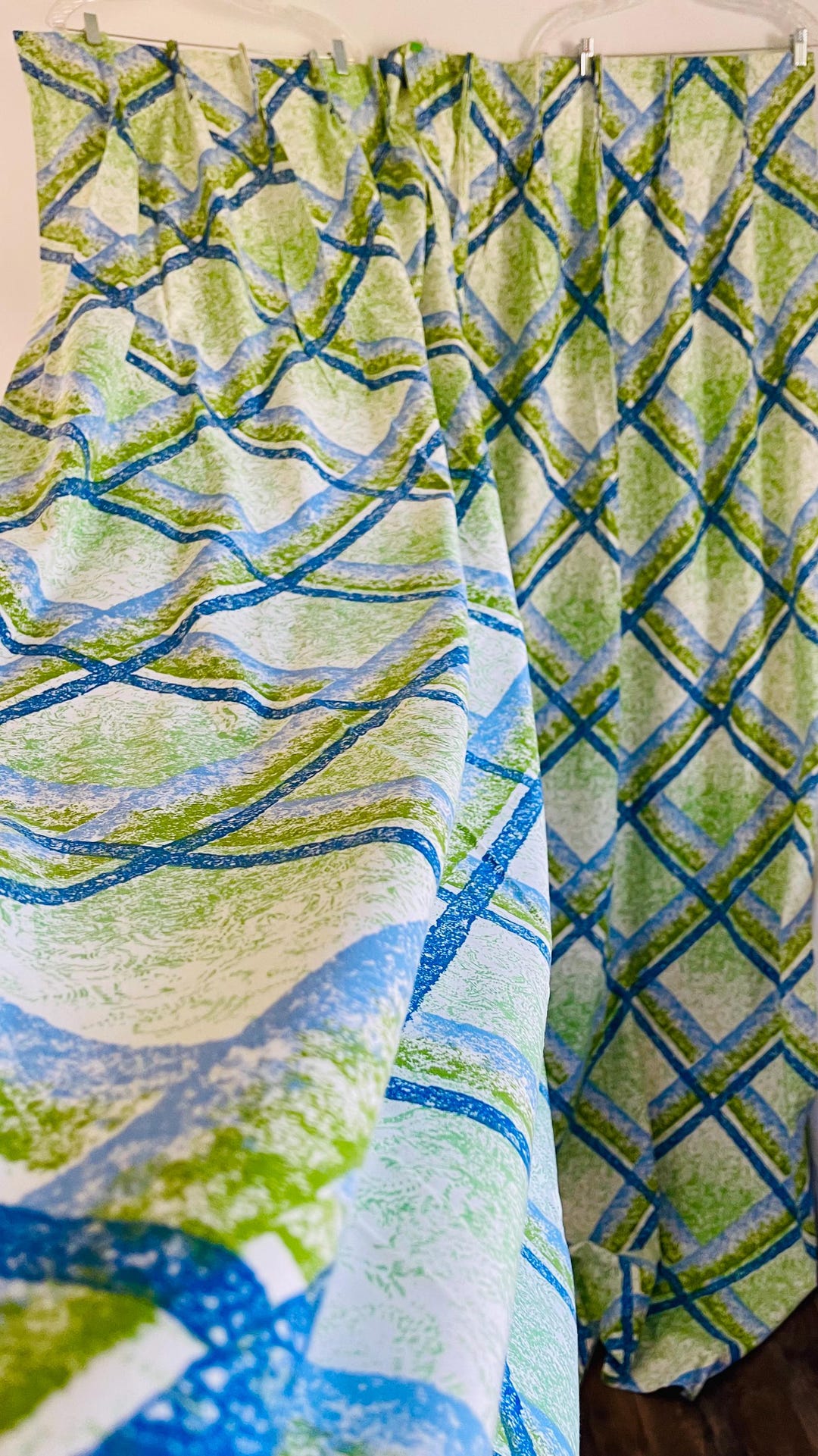 Vintage 1960s MCM Blue Green Geometric Drapery Panels: 80" Long - Etsy