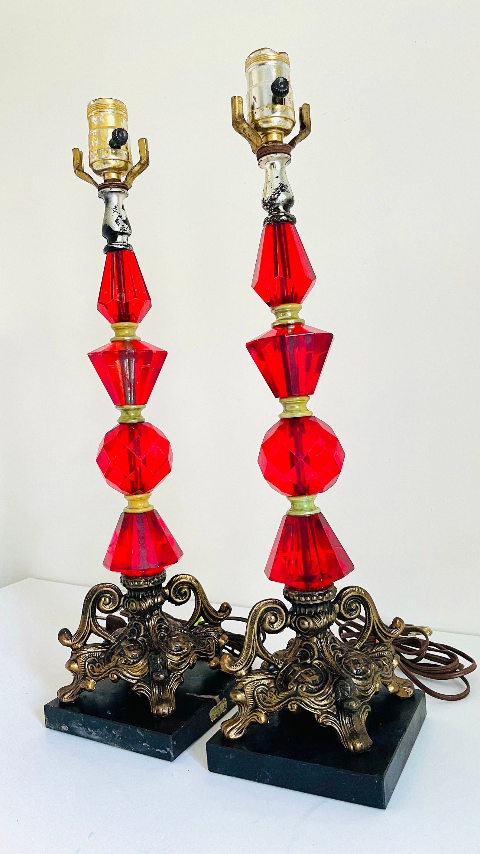 Vintage 1960s Mid Century Modern Ruby Red Jewel Table Lamps (bases Only ...