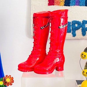 Vintage 1970s Groovy MOD Pair Go Go Dancing Red Vinyl Lace up Boots ...