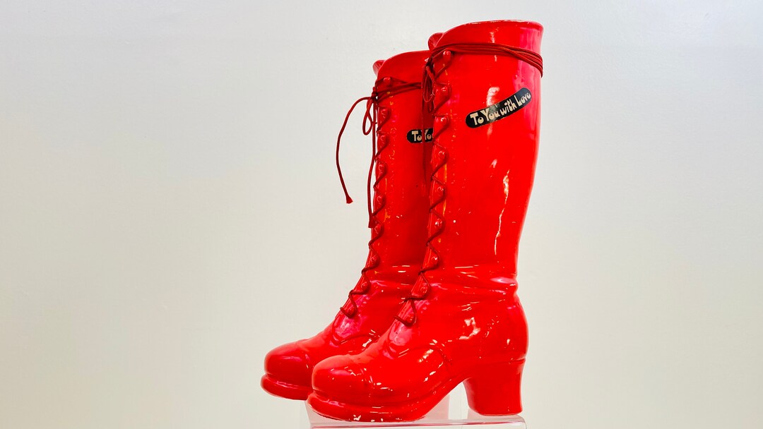 Vintage 1970s Groovy MOD Pair Go Go Dancing Red Vinyl Lace up Boots ...