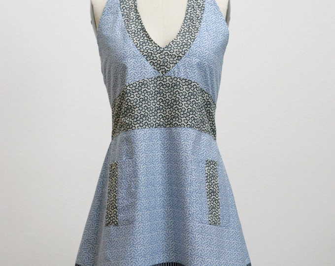 Kitchen Apron in Light Blue Accented by Deep Blue & Grey - Etsy