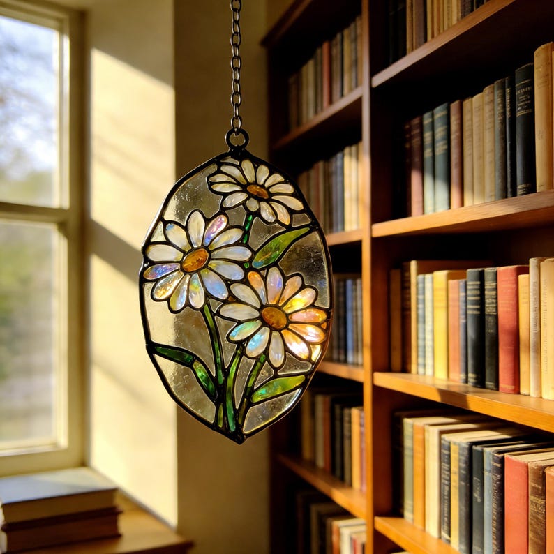 Handmade Daisy Stained Glass Suncatcher Iridescent Floral Window ...