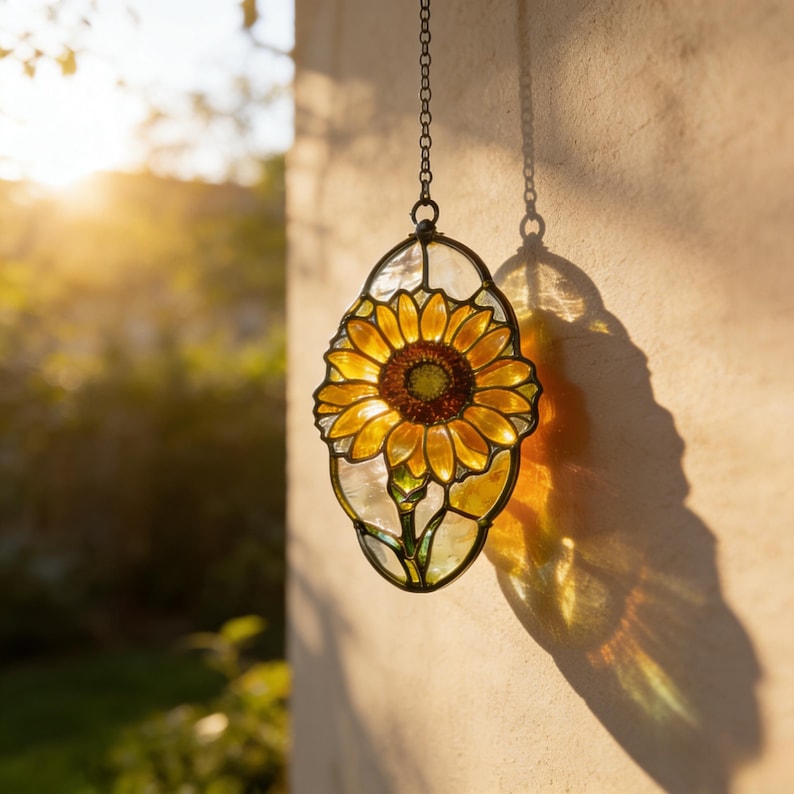 Handmade Sunflower Stained Glass Suncatcher, Iridescent Floral Window ...