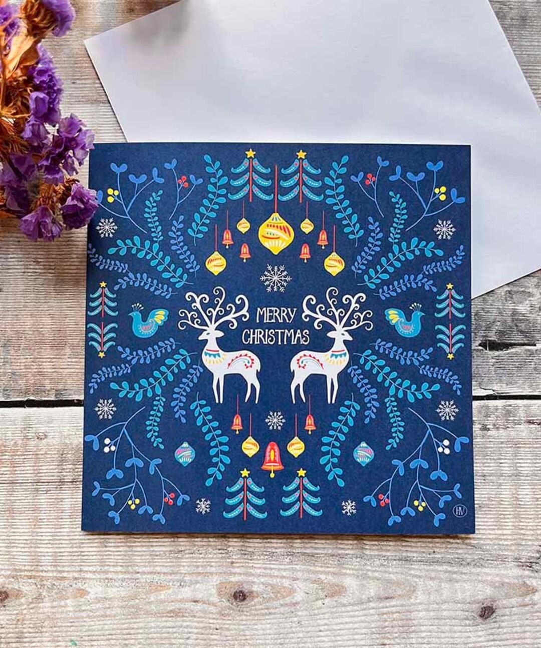 Merry Christmas Deer Scandi Folk Art Card - Etsy