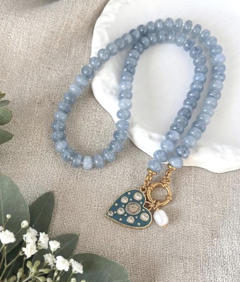 Handmade 8mm Blue Chalcedony Agate With Enamel Heart & Pearl Pendant ...