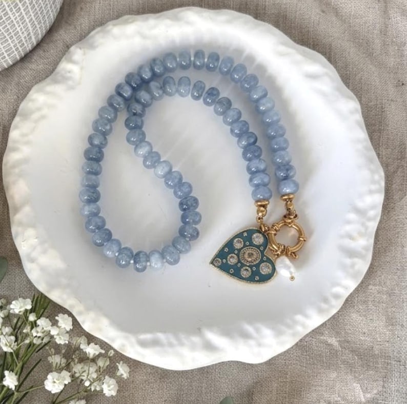 Handmade 8mm Blue Chalcedony Agate With Enamel Heart & Pearl Pendant ...