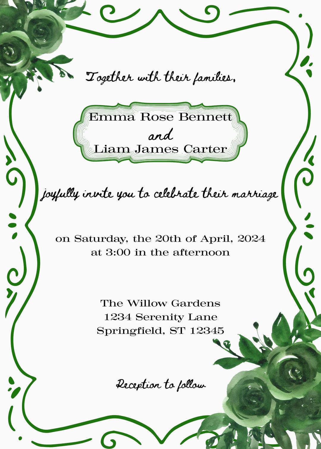 Green Ornate Wedding Invitation Template | Digital File - Etsy