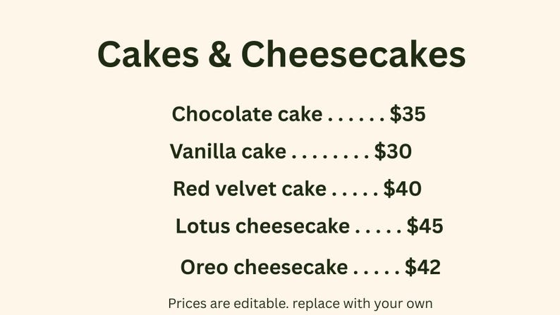 Editable Dessert Menu Canva Template Bakery Price List - Etsy
