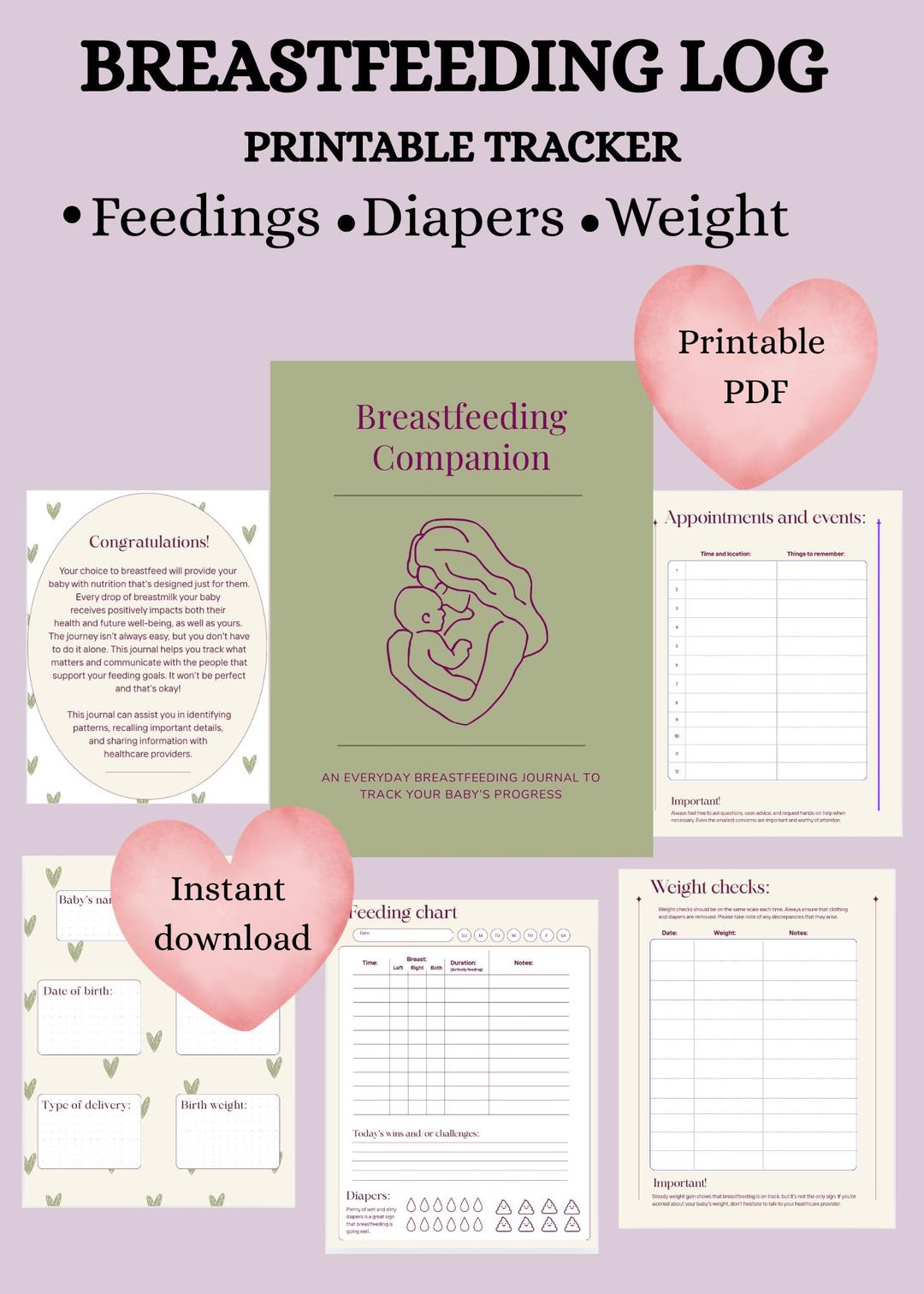 Breastfeeding Log Printable for Newborns - Feeding & Weight Tracker PDF ...