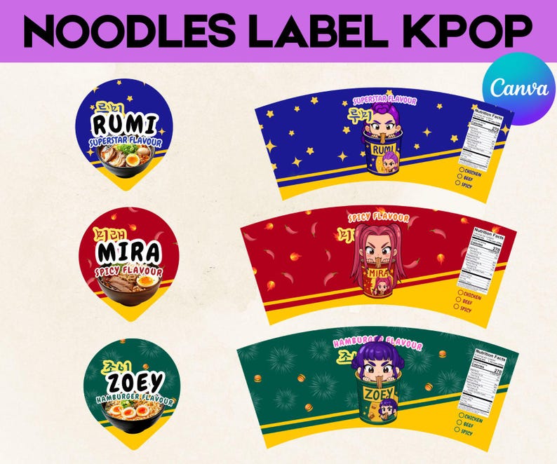 HUNTRIX Noodles Label – Canva Template | Demon Hunter: Rumi, Zoey and ...