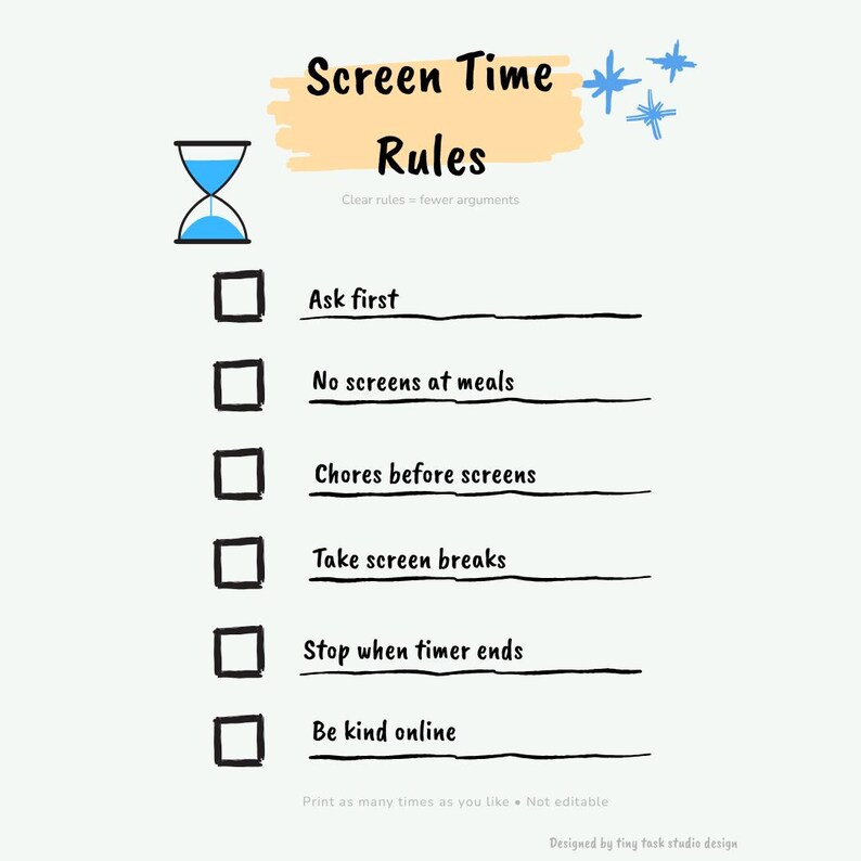 Screen Time Rules Printable, Kids Screen Time Checklist, Family Screen ...