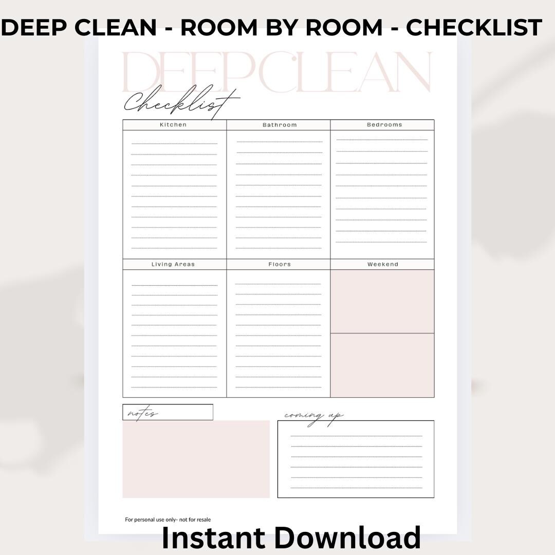 Deep Clean Checklist Printable | Room by Room Home Cleaning Checklist ...
